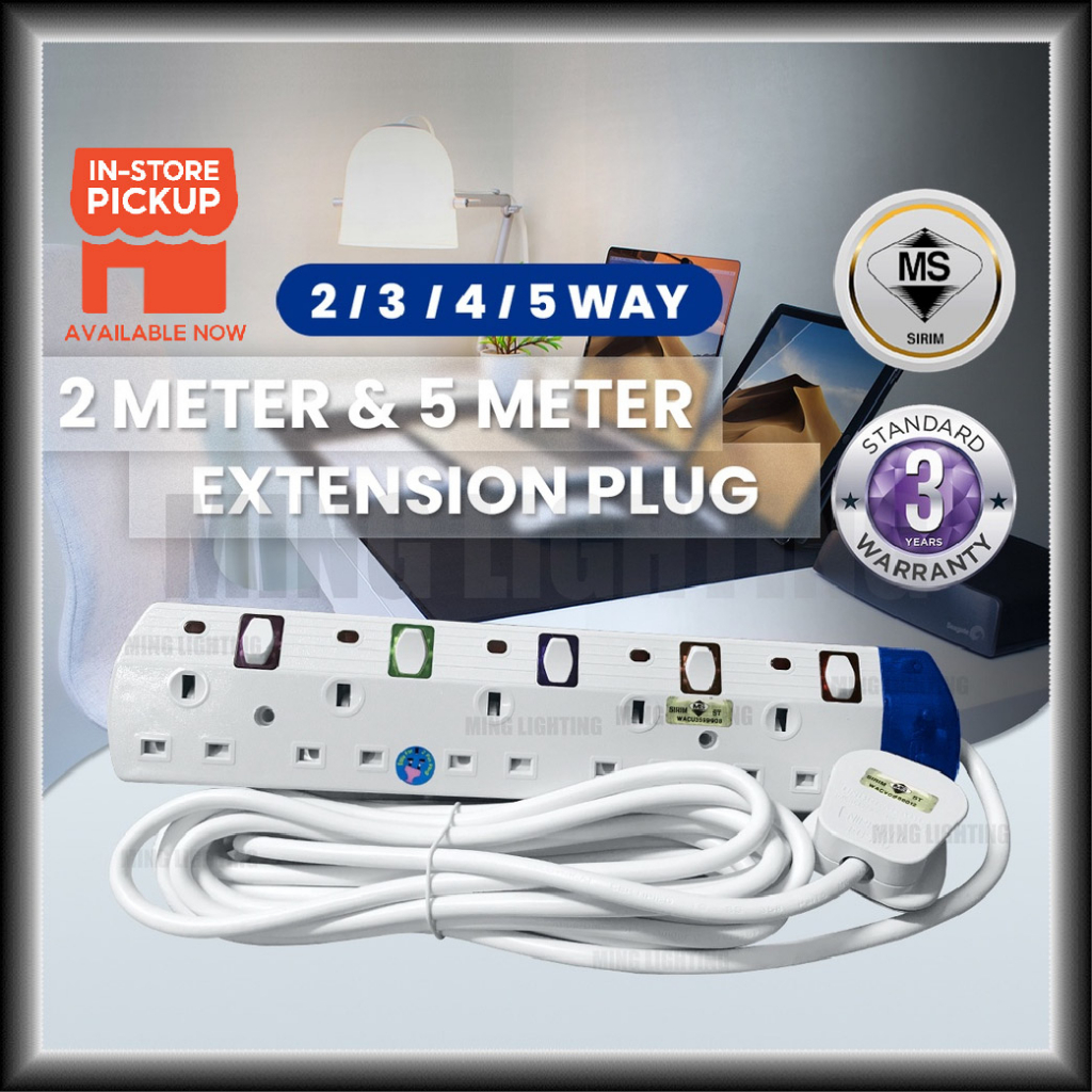 (SIRIM) 2M 5M Extension 3 Way Universal Plug Adapter w Neon Light ...