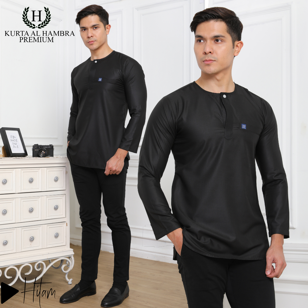 Kurta Slim Fit Hitam Premium Lengan Panjang Cotton Japan Silk | Shopee ...