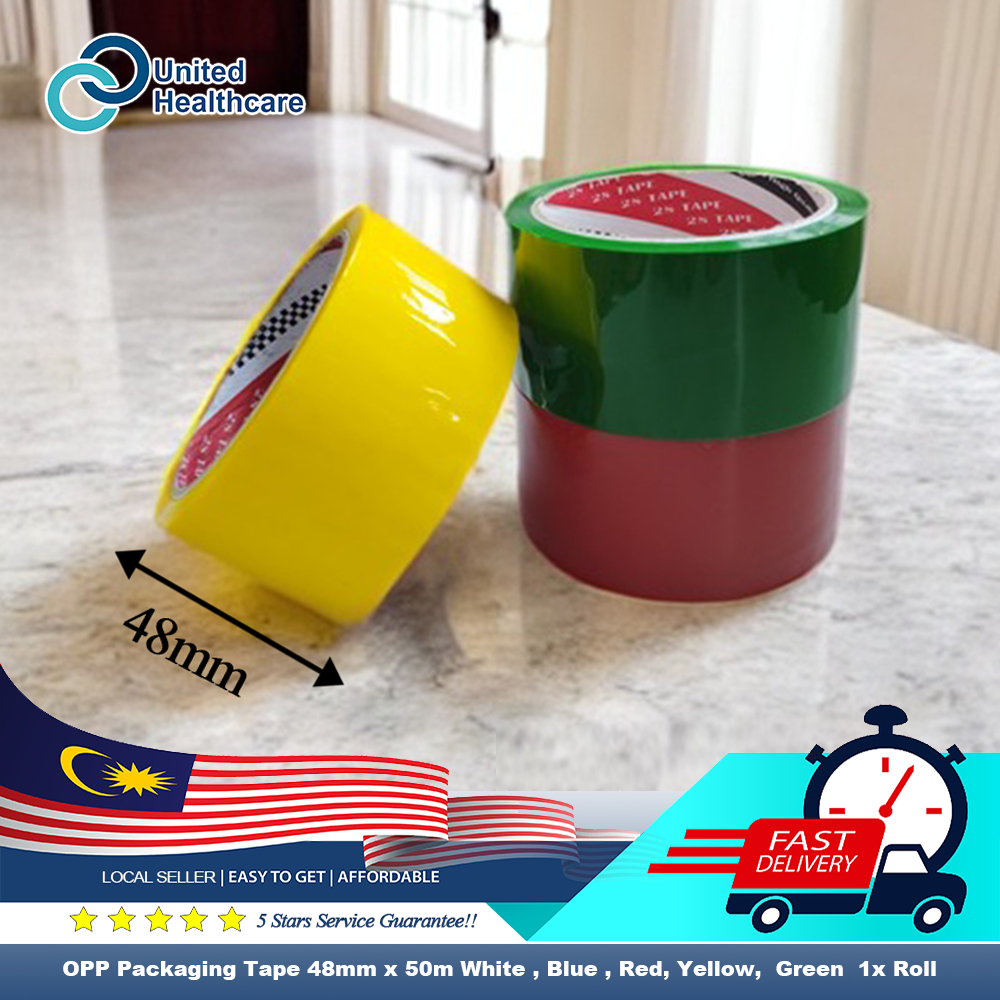 OPP Packaging Tape White 48mm x 50m (1 Roll) Yellow Red Green Blue ...