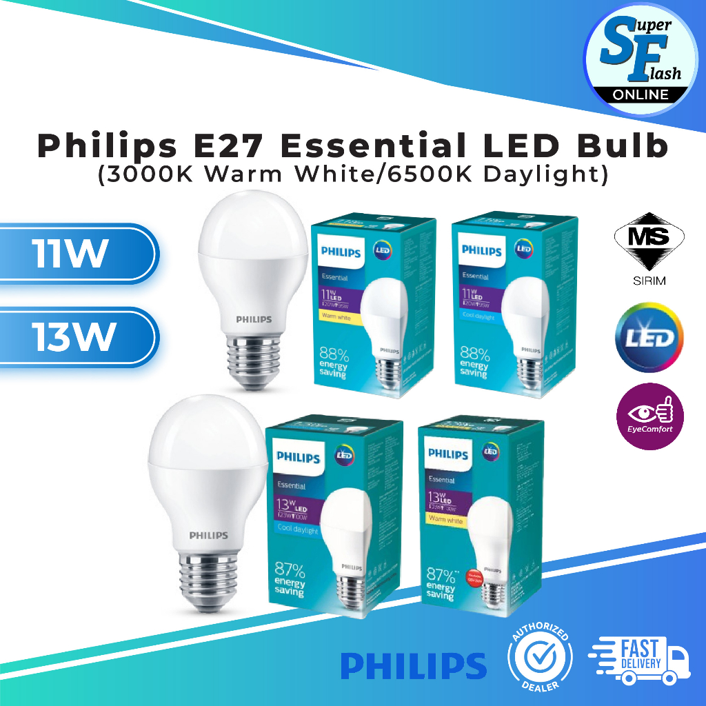 Philips 11W / 13W E27 A60 Essential LED Bulb (3000K / 6500K ) | Shopee Malaysia