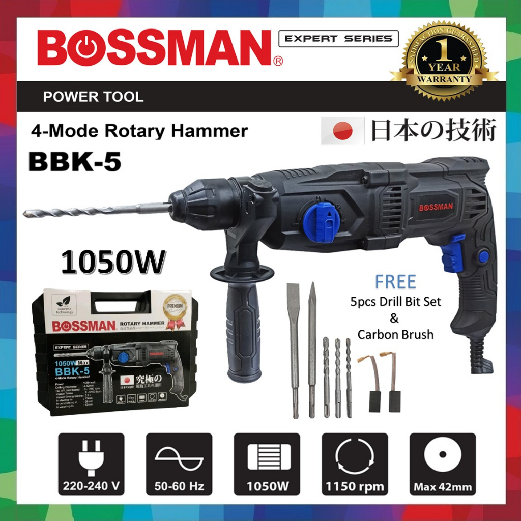 Bossman 1050W Rotary Hammer BBK5 4 Mode / Mesin Jack Hammer BBK-5 BBK 5/ Hammer Drill 4 Step ...