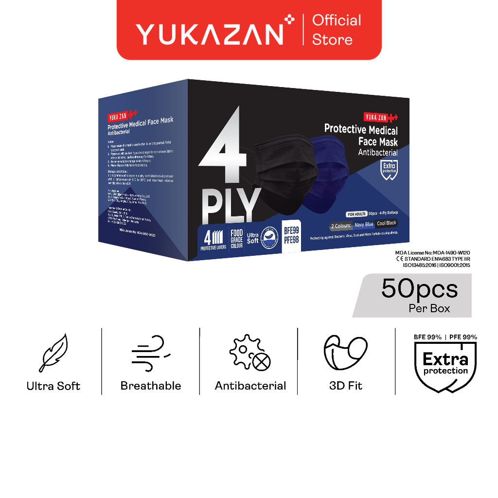 Yukazan Adult 4ply Navy Blue & Cool Black Protective Medical Face Mask (50 Pcs/Box) | Shopee ...