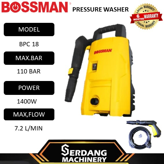 BOSSMAN 110BAR 1400W 7.2L/min HIGH PRESSURE CLEANER BPC-18 - 6 MONTHS ...