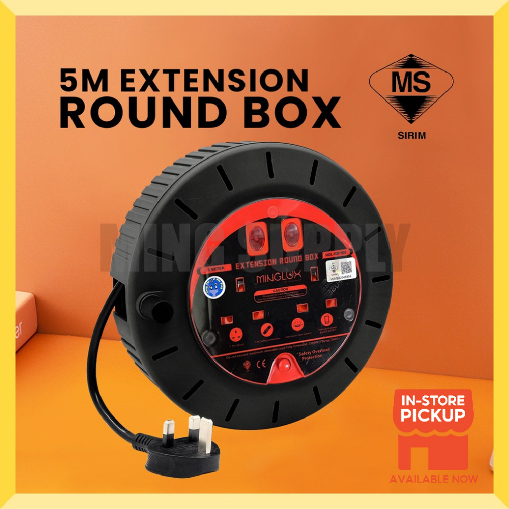 MS_SIRIM 5M 2 Way Extension Roller Box Trailing Socket Neon 3 Pin Plug ...