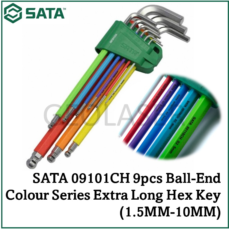 SATA 09101CH 9pcs Ball End Colour Series Extra Long Hex Key (1.5MM-10MM ...