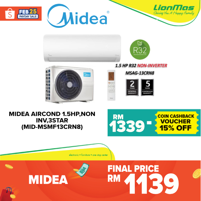 MIDEA 1.5HP R32 Non Inverter Fairy Series Air Conditioner MSMF-13CRN8 | Shopee Malaysia