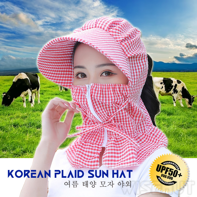 Korean Plaid Sun Hat with UV Protection & Neck Flap, Wide Brim suitable ...