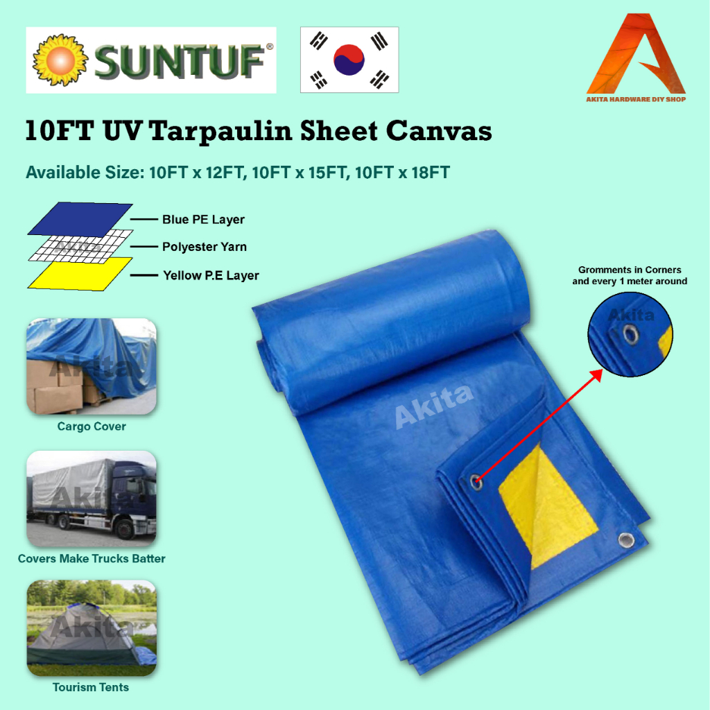 SUNTUF 10FT Blue Yellow UV Tarpaulin Sheet Waterproof Canvas 10FT x ...