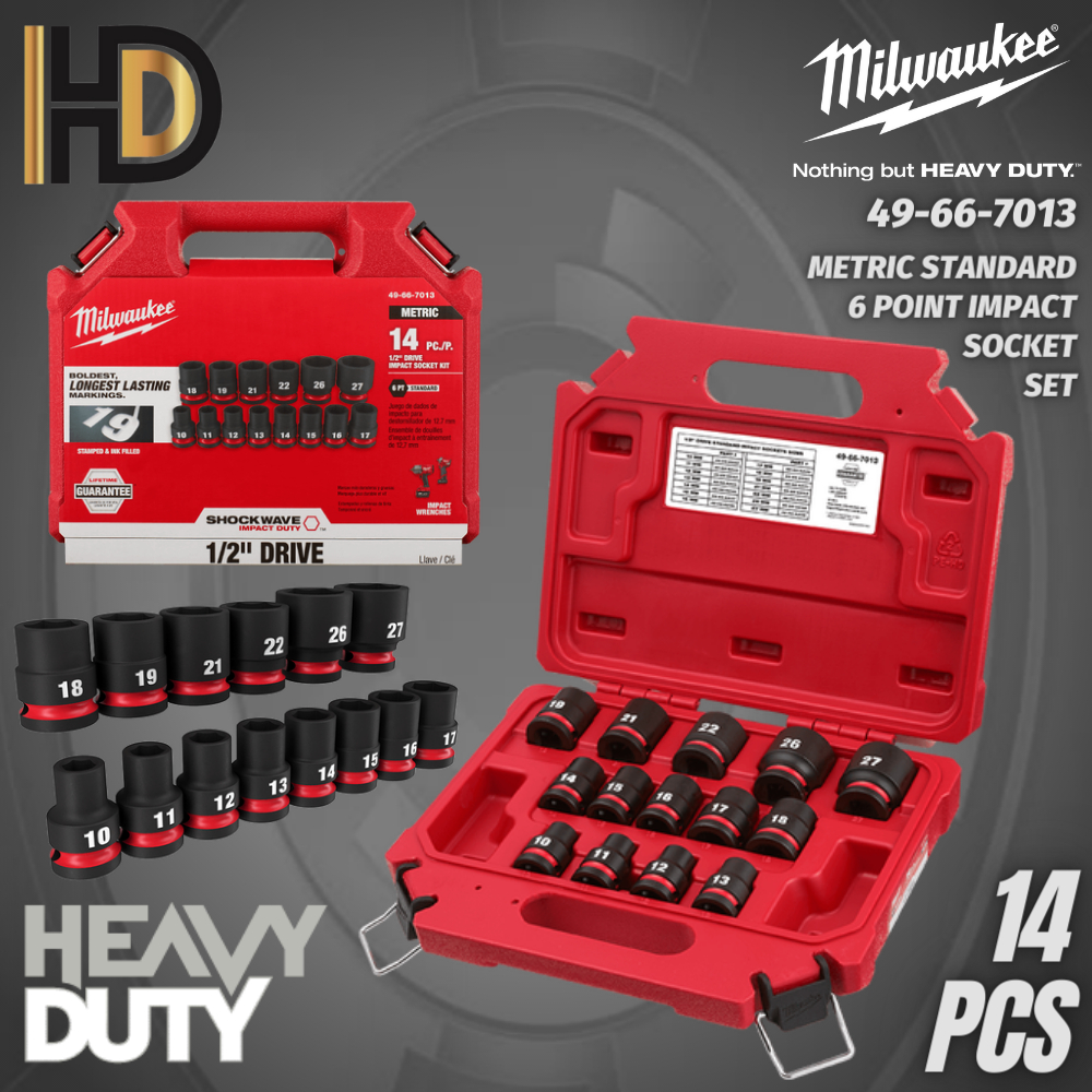 Milwaukee 14 Pcs Shockwave 1/2" Drive Metric Standard Impact Wrench Socket Set / 6 Points / 49 ...