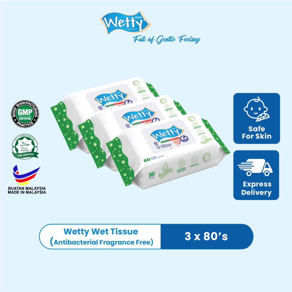 Wetty Wet Tissue Antibacterial Fragrance Free Tisu Basah Baby Wipes (3 ...
