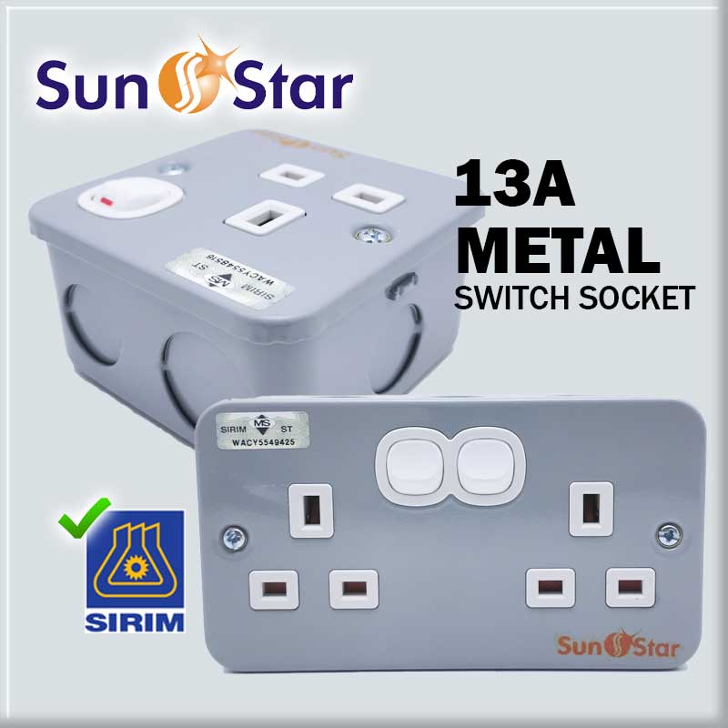 SUNSTAR 13A METAL SWITCH SOCKET Metal Clad Socket Outlet Extension ...