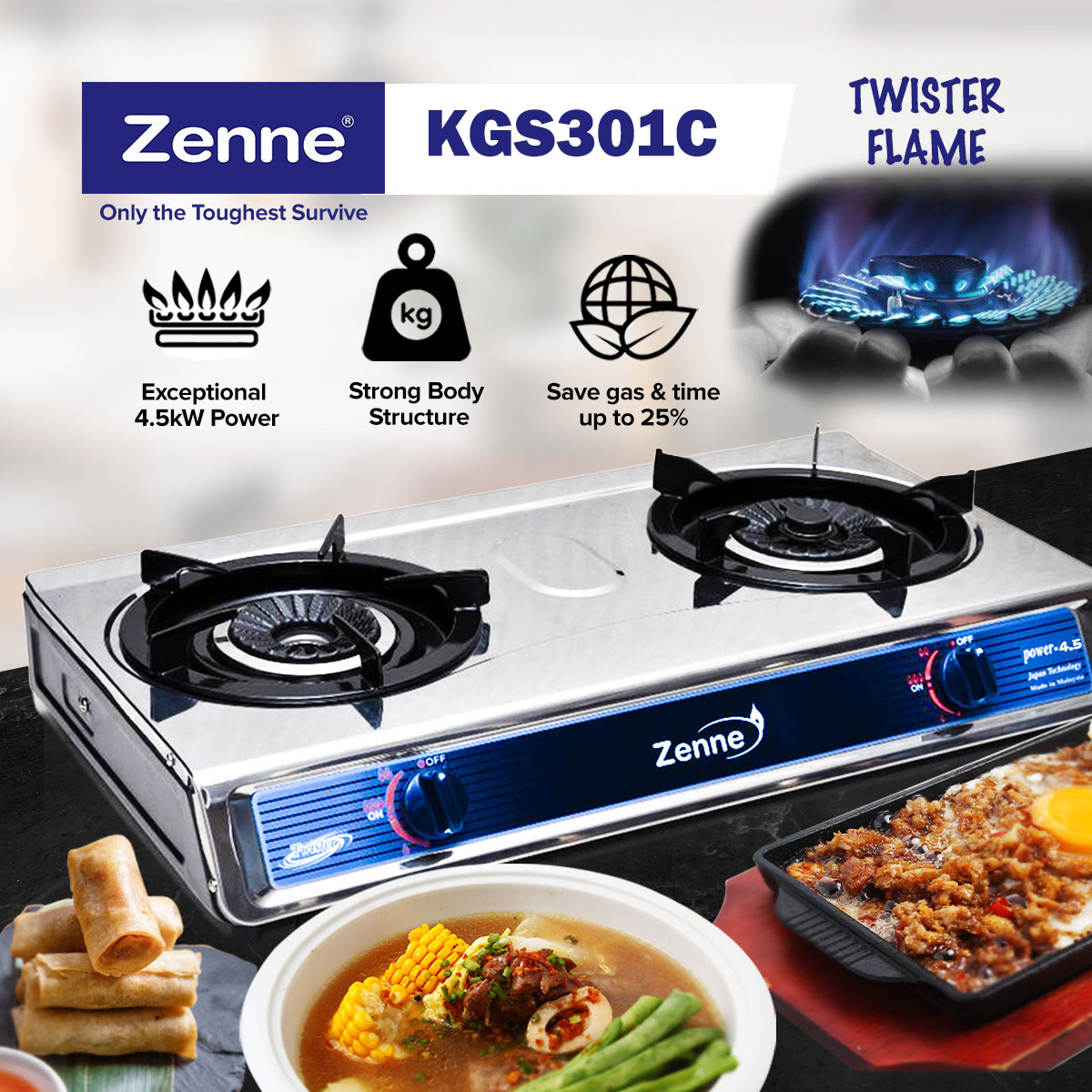 Zenne KGS301C Double Burner Stainless Steel Gas Cooker Stove Twister Flame LPG Dapur Masak