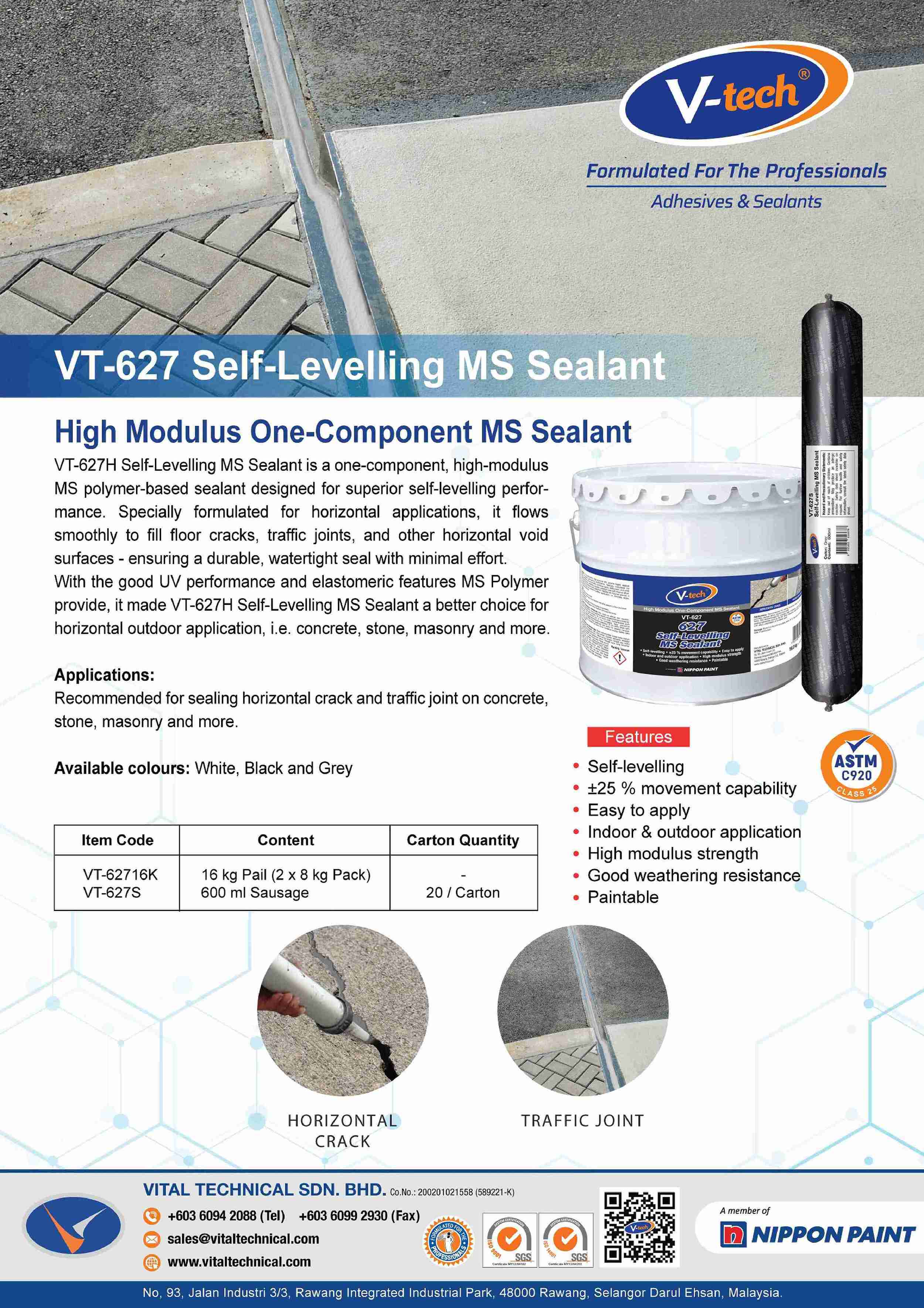 V-Tech VT-627 Self-Levelling MS Sealant Sausage 600ML - Black/Grey/White