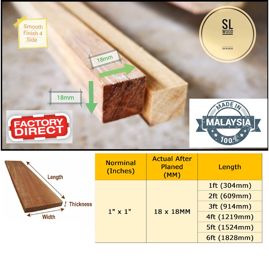 18x18MM (Bundle of 10pcs) Balau Solid Wood (S4S)/ Batang Kayu Balau ...