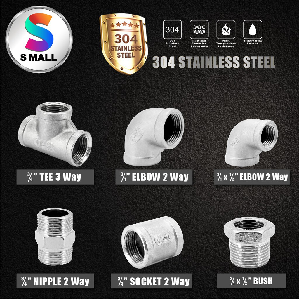 S MALL Stainless Steel SUS304 Tee Elbow Nipple Socket 3/4" / 1/2" Elbow ...