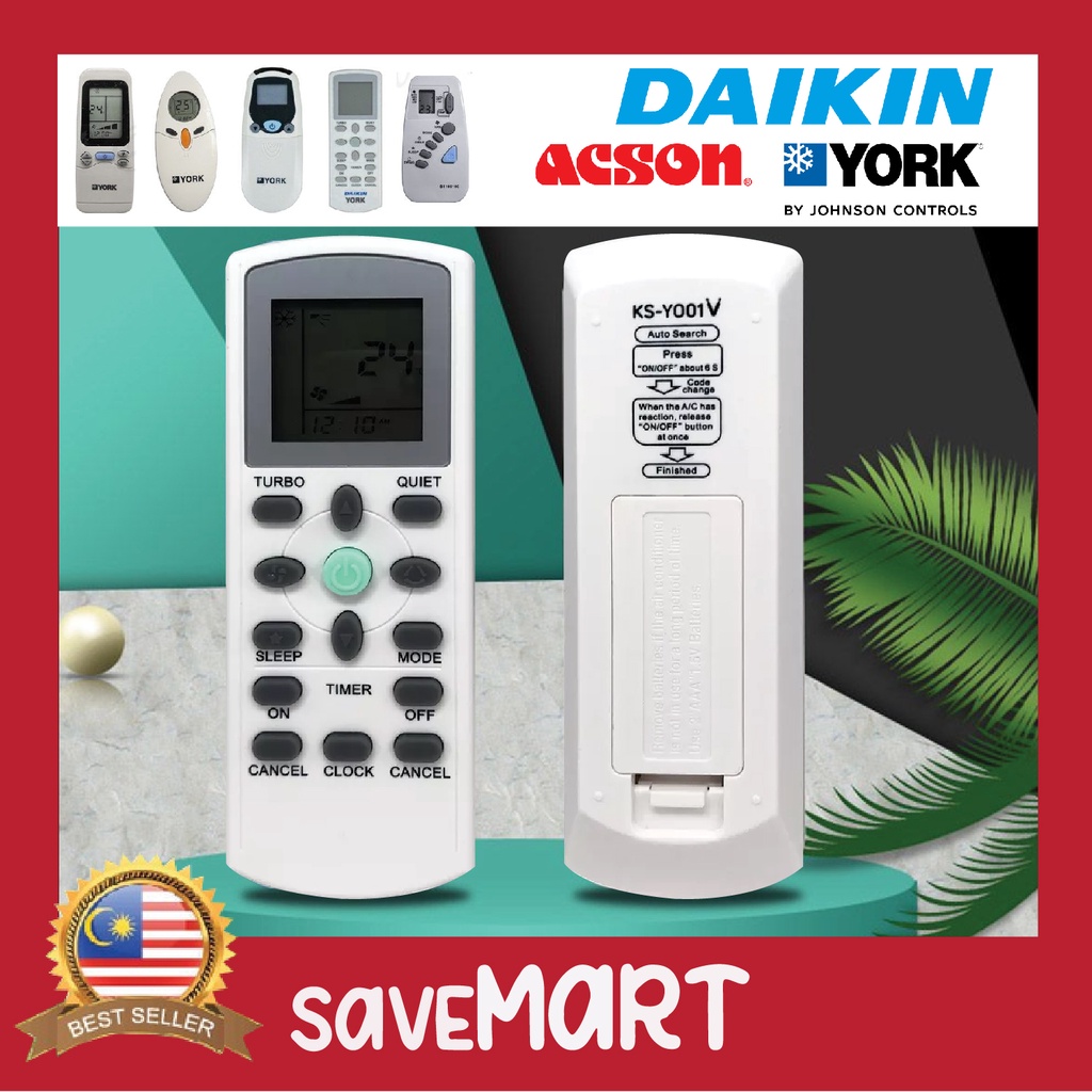 Replacement KS-YO01V YORK DAIKIN ACSON Air Conditioner Remote Control A ...