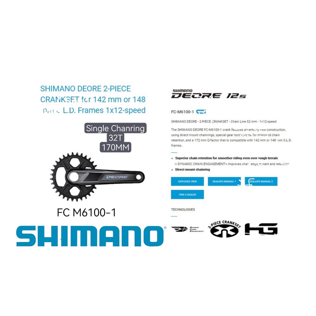 Shimano Deore Crank FC-M6100-1 - Mountain Bike Crank Set 1x12 Speed - Without BB / 170MM - 32T ...