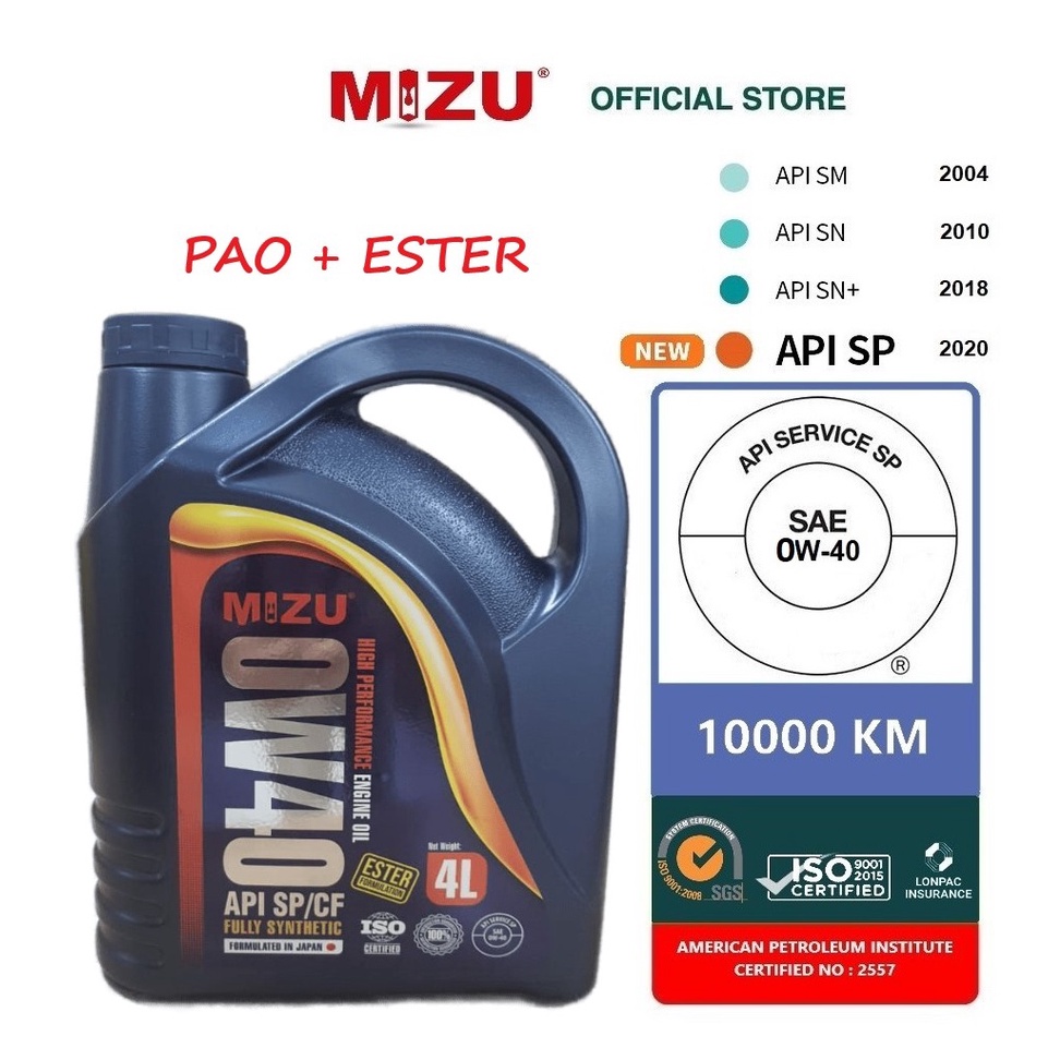 [PAO + ESTER] MIZU 0W40 Fully-Synthetic Engine Oil API licensed 4L ...
