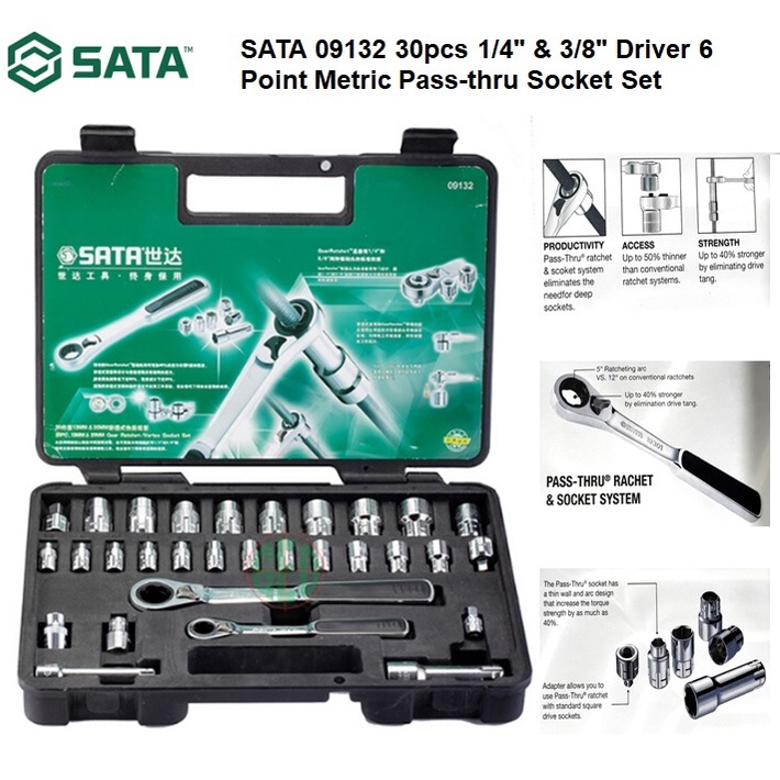 Sata 09132 30-Pcs 1/4 in. & 3/8 in. Drive 6 Point Metric Pass-Thru Socket Set / Rachet Set ...