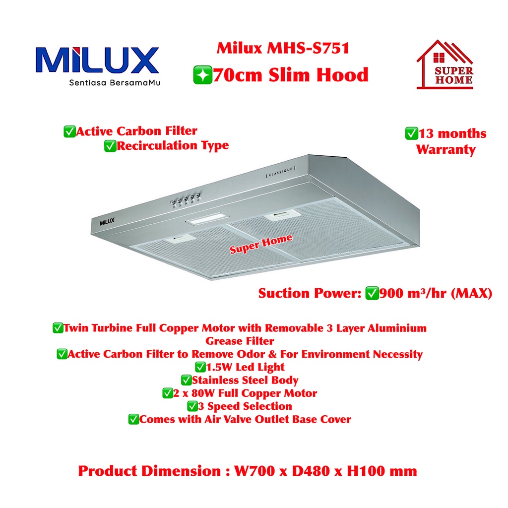 Milux Slim Hood MHS-S751 Stainless Steel Slim Cooker Hood (70cm ...