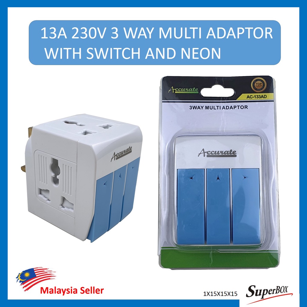 Universal 3 Way Adaptor Multi Socket With 3 Switch Neon Indicator ...