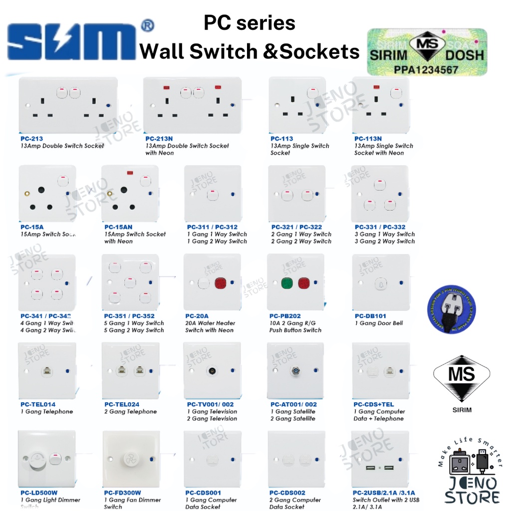 SUM PC series Wall Switch &Sockets (SIRIM Approval) | Shopee Malaysia
