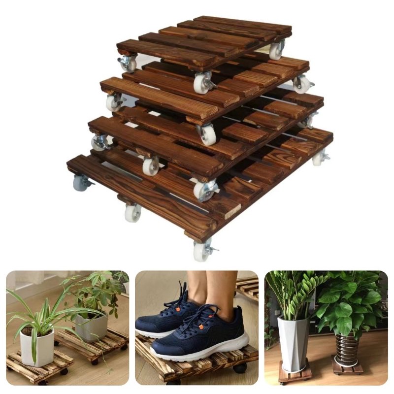 Carbonized Solid Wood Flower Pot Removable Tray Plant Holder Stand Base ...