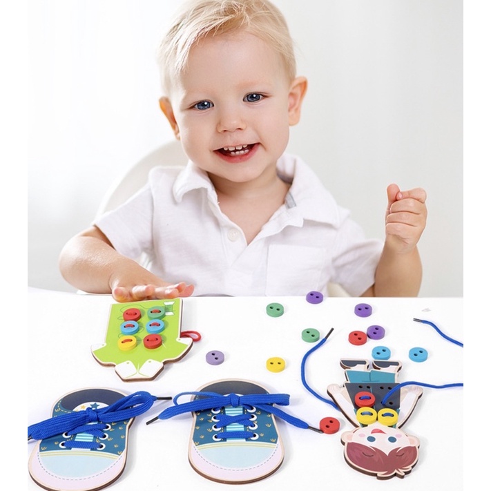 Wooden Toy Learn to Tie Shoelaces Clothes Button Fine Motor Skills ...