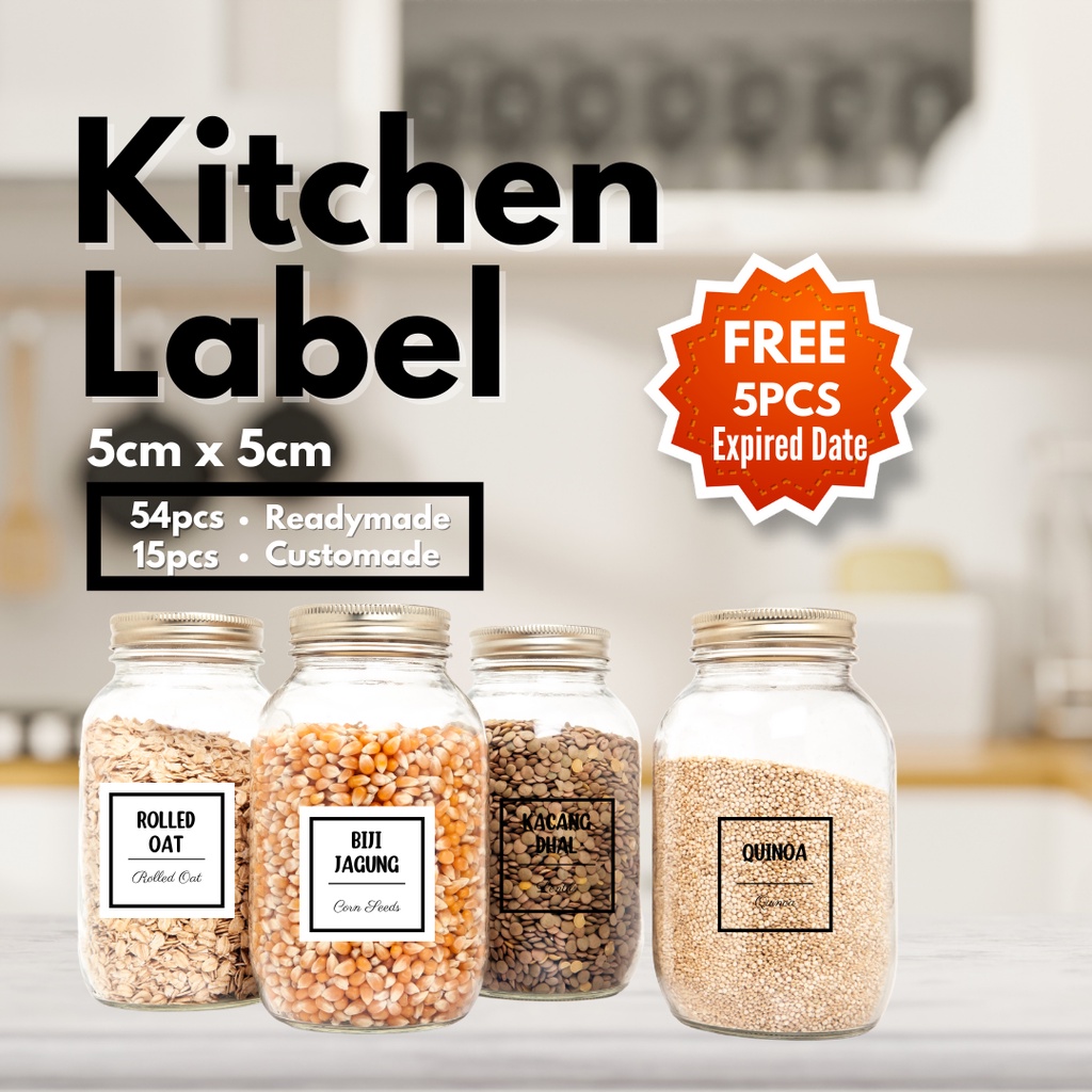 (54pcs)Sticker Label Dapur Minimalist Ready made Waterproof 5cmx5cm ...