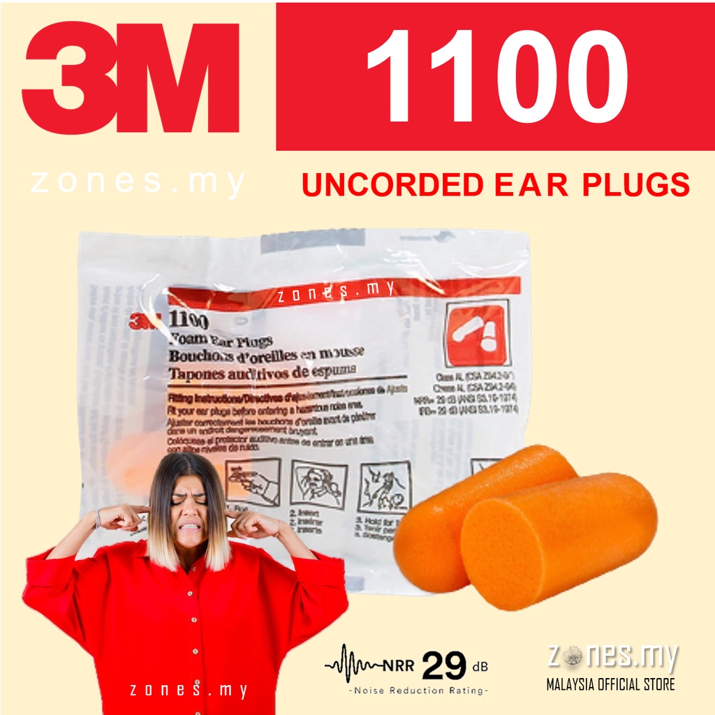 [ORIGINAL] 3M 1100 Uncorded Bullet Soft Foam Ear Plugs - NRR 29 dB - 1 pair (Individual Pack ...