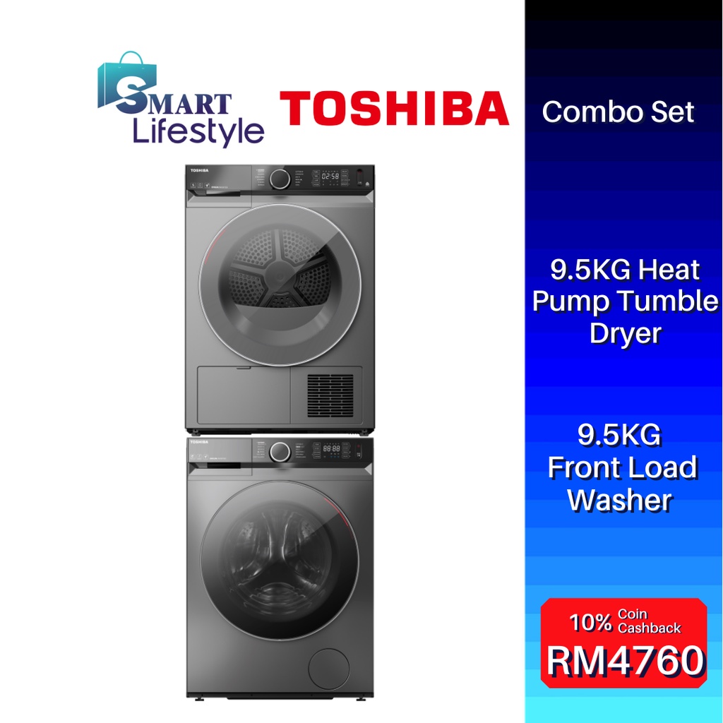 Toshiba 9.5KG Front Load Washer + Toshiba 9.0KG HEAT PUMP TUMBLE DRYER - TW-BK105GF4M(SK) + TD ...