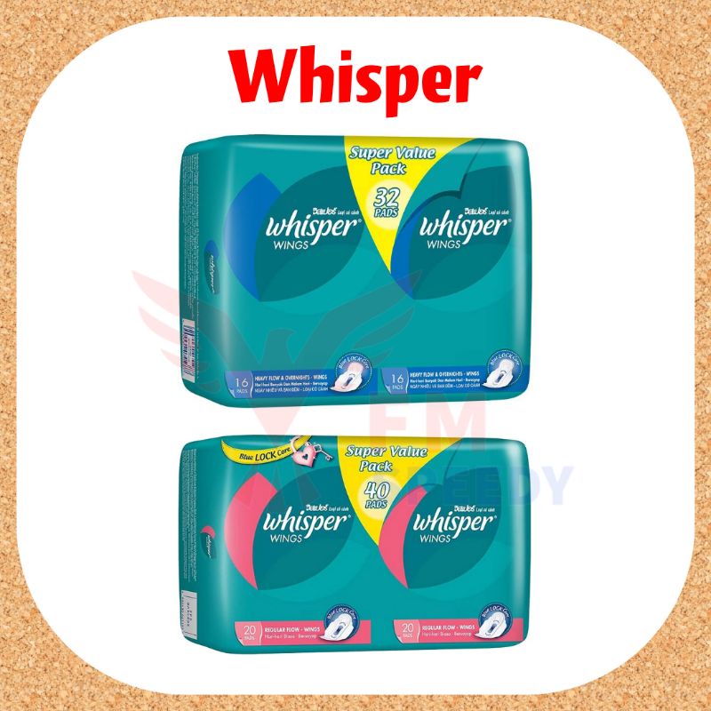 Whisper Wing Regular Flow / Heavy Flow Overnight Heavy Flow Sanitary ...