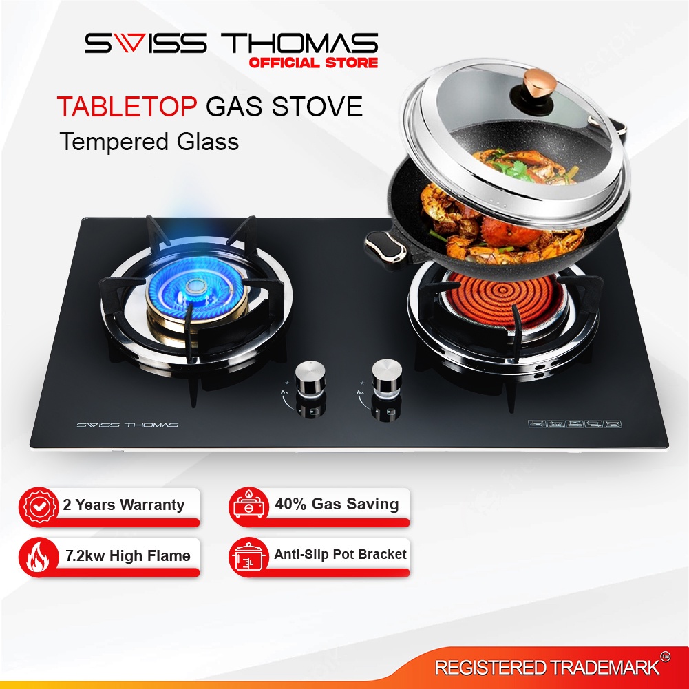 SwissThomas Tempered Glass Stainless Steel Gas Stove Built-in CookTop ...