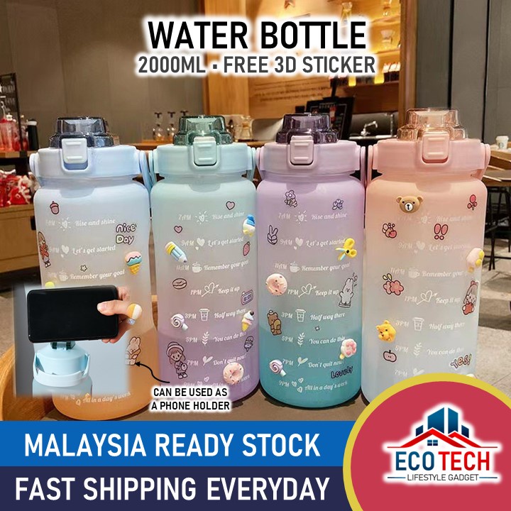 Water Bottle Botol Air Viral Straw 2000ml Cute Stickers Bottle for ...