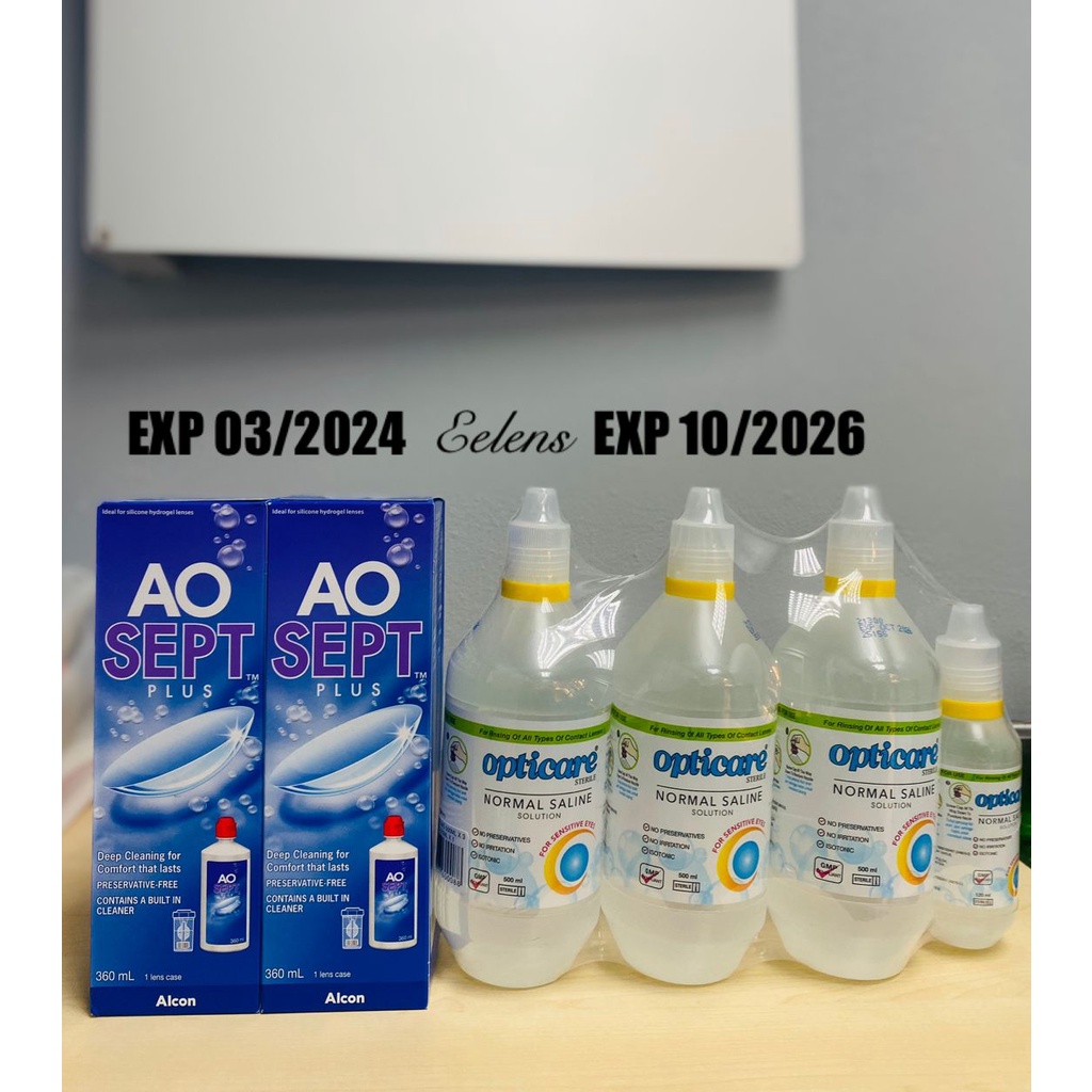SALINE 500ml x 3BOTTLES + 120ml x 1 BOTTLE (EXP 10/2026) + AO SEPT PLUS 360ml x 2 BOTTLES (EXP ...