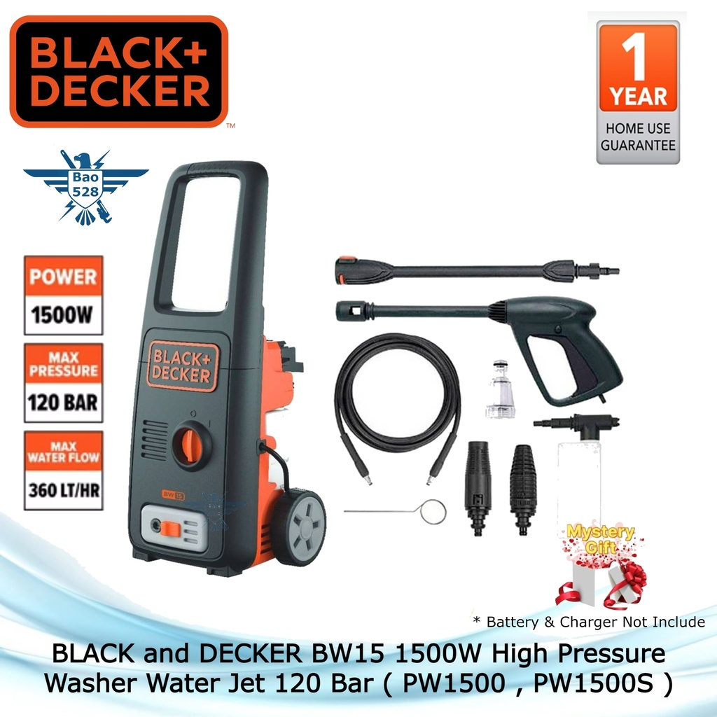 BLACK and DECKER BW15 1500W High Pressure Washer Water Jet 120 Bar ...