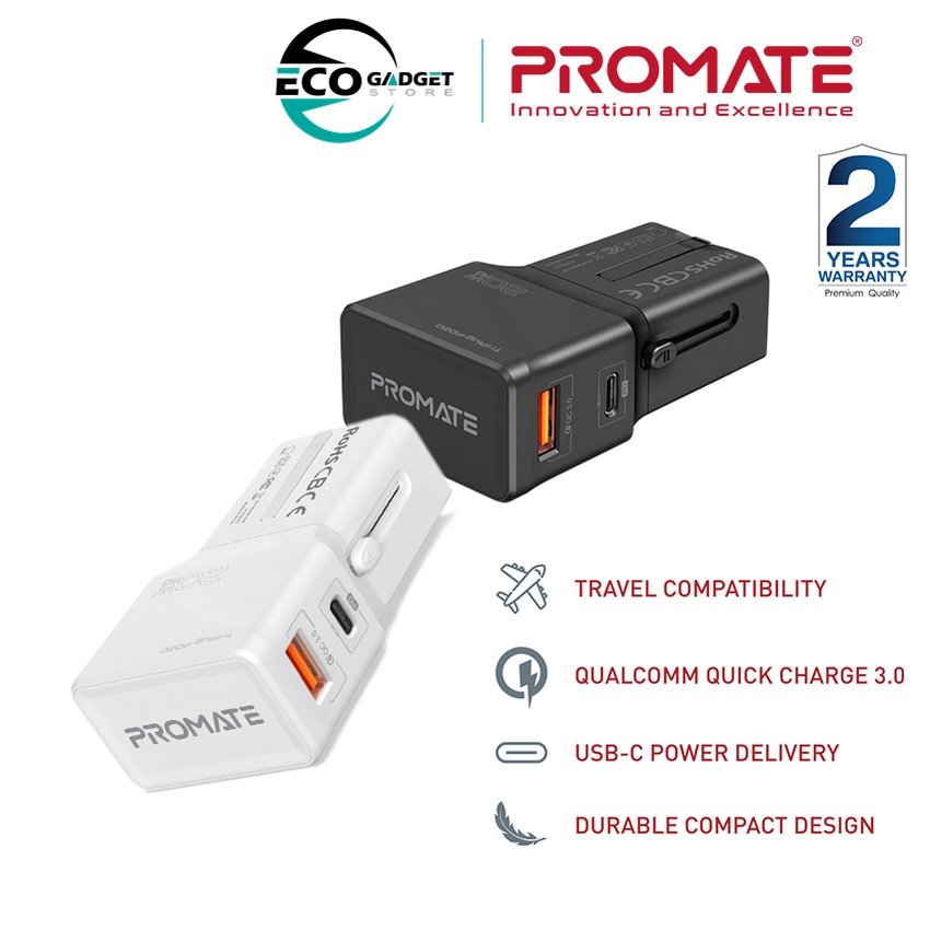 PROMATE TriPlug-PD20 Sleek Universal Travel Adapter with 20W Power ...