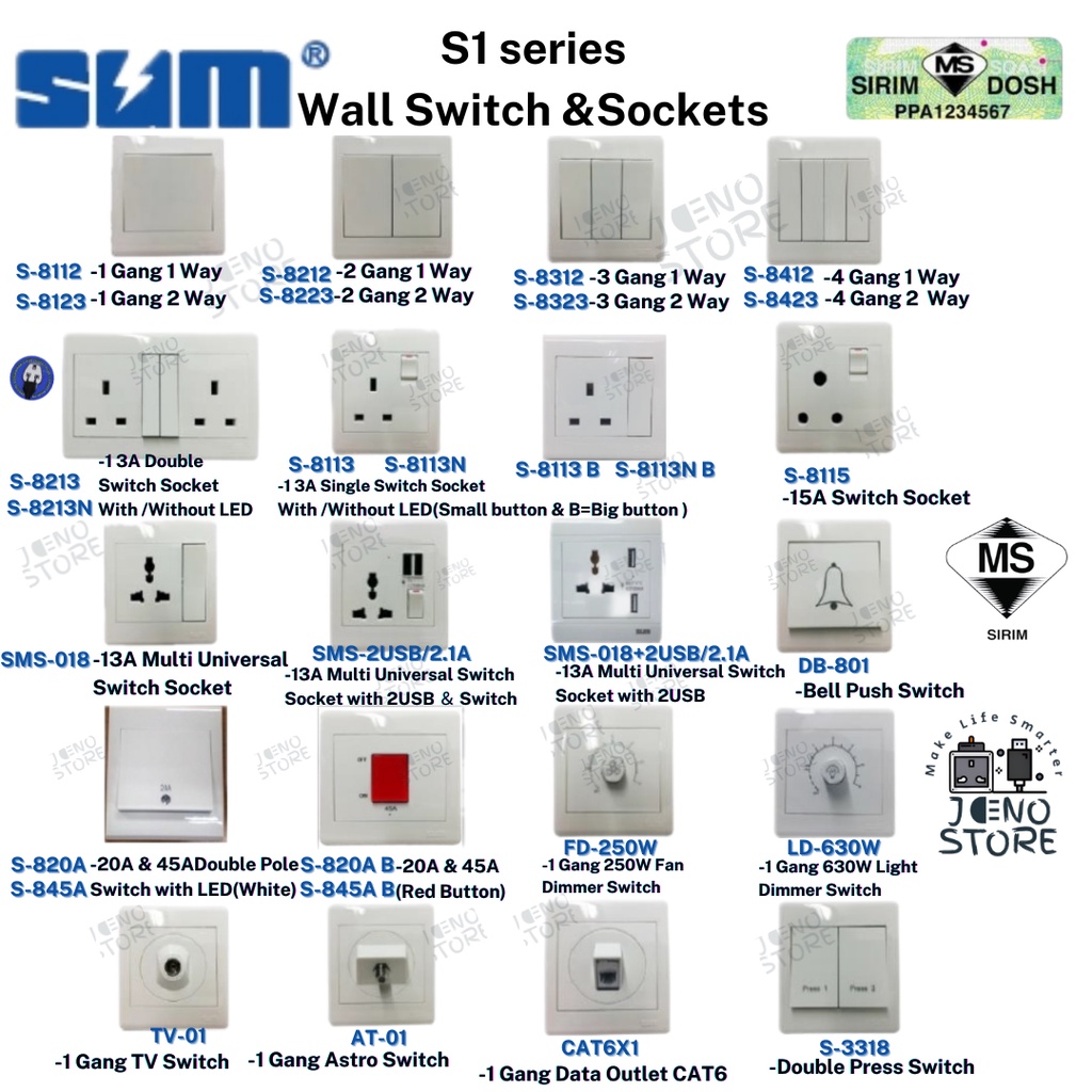 SUM Premium S1 series Wall Switch & Socket SIRIM Approval | Shopee Malaysia