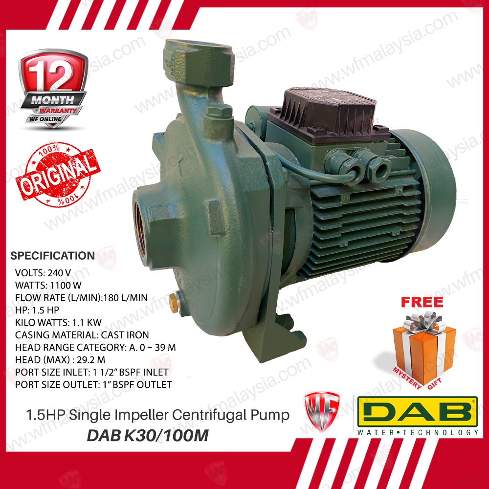 DAB K30/100M Single Phase 1.5Hp 1100w Single Impeller Centrifugal Pump Made In Italy | Shopee ...
