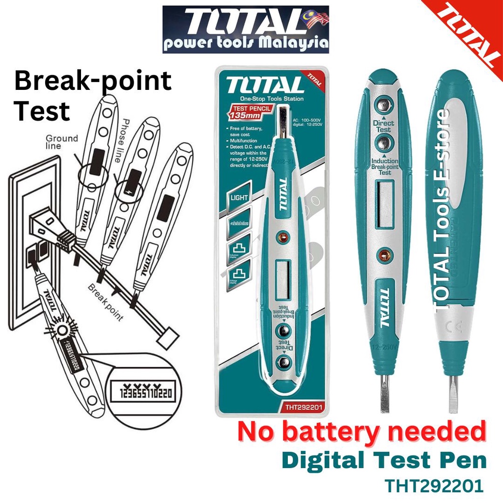 TOTAL Digital Voltage Detector / Test Pen LCD Display AC/DC 12-250V ...