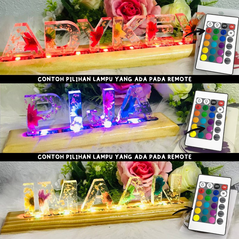 Lampu Custom Nama Resin Epoxy + LED strip light 5050 + 24key remote ...
