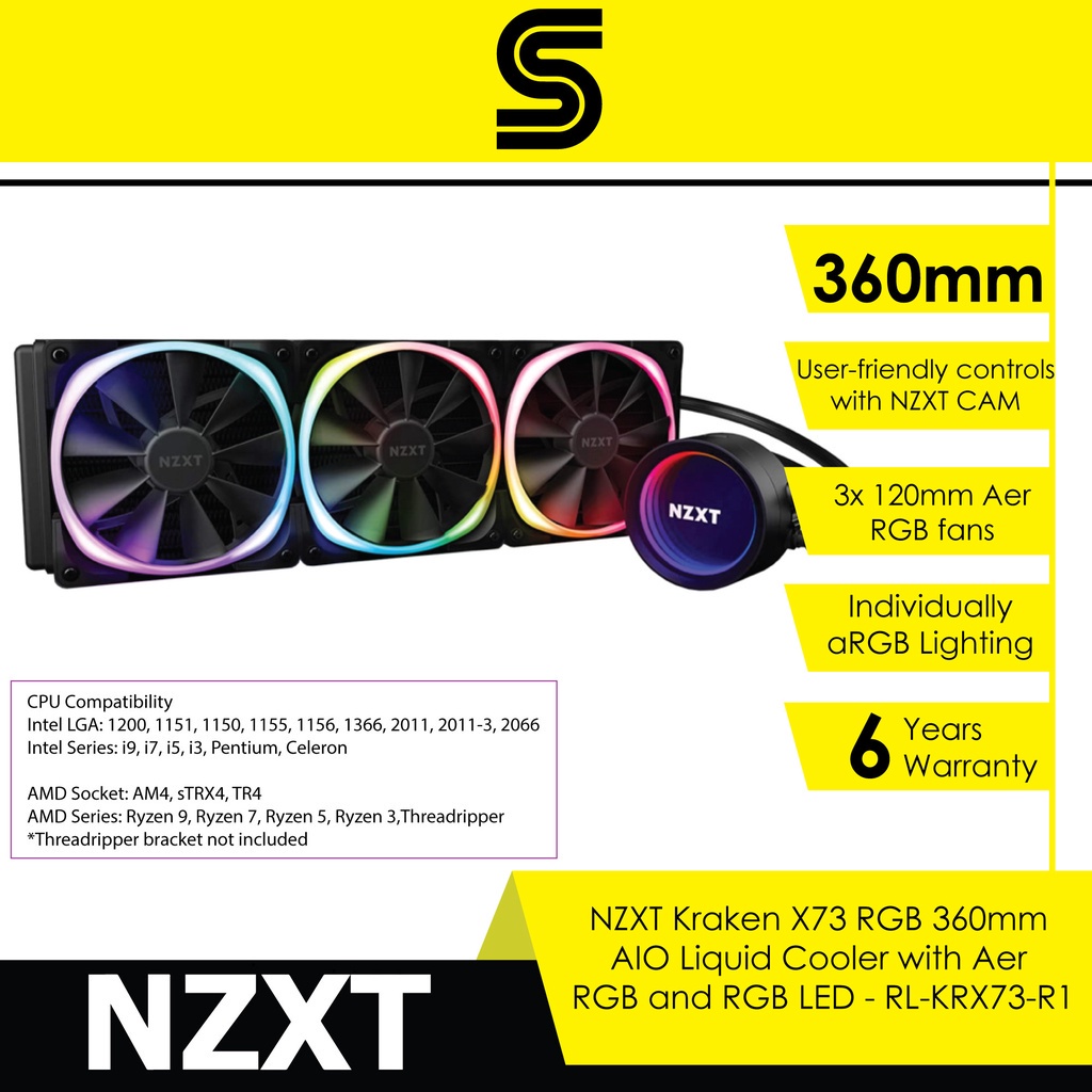 NZXT Kraken X73 RGB 360mm AIO Liquid Cooler with Aer RGB and RGB LED ...
