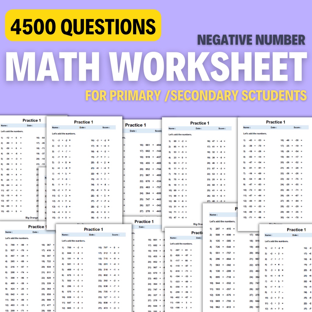 Printable Mathematics Worksheet Addition With Negative Number 4500 ...