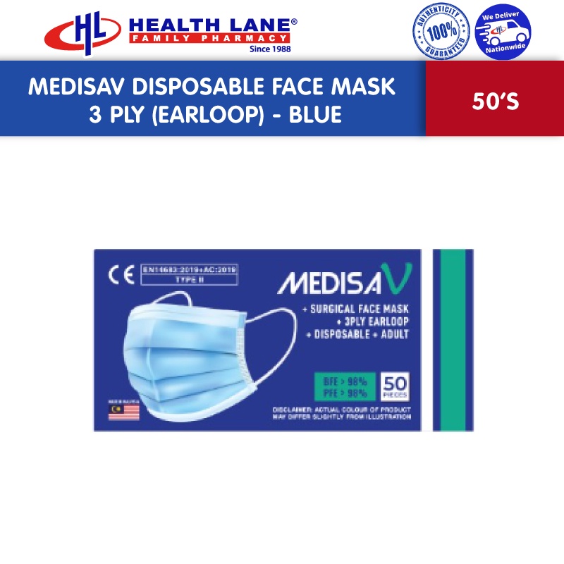 MEDISAV Disposable Face Mask 3 Ply Earloop - Blue (50's) | Shopee Malaysia