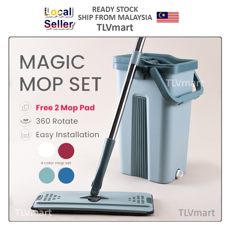2 in 1 Sweeper Mop Self Clean Wash Dry Hand Free Magic Flat Spin Mop ...