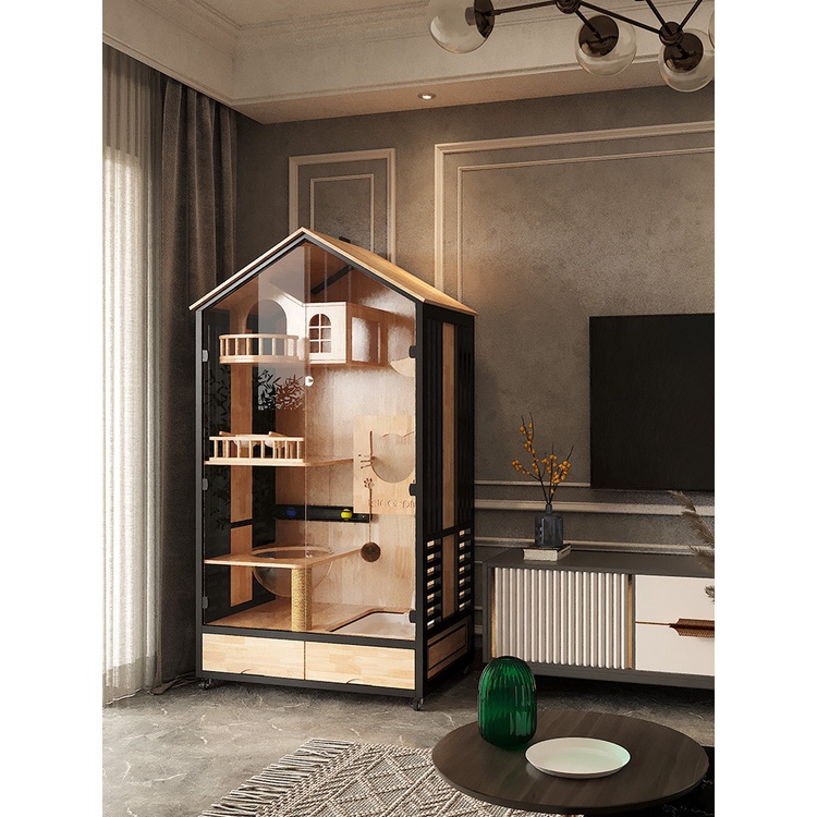 Tomeozan Cat Cage Villa Solid Wood Luxury Three Layer Home Cat House