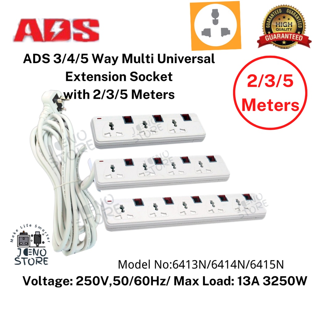 ADS 3/4/5 Way Multi Universal Extension Socket with 2/3/5 Meters ...