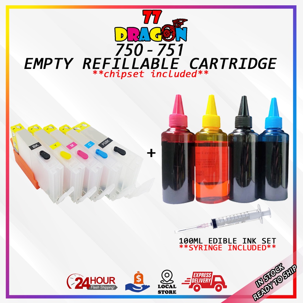 Canon Pgi-750-751 Empty Refillable Cartridge with 1 Set of Edible Ink ...