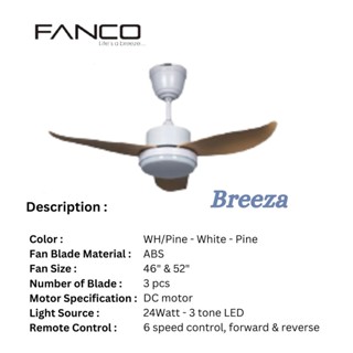 FANCO BREEZA F846 F852 46 52" CEILING FAN / REMOTE / DC MOTOR / 3 BLADE ...