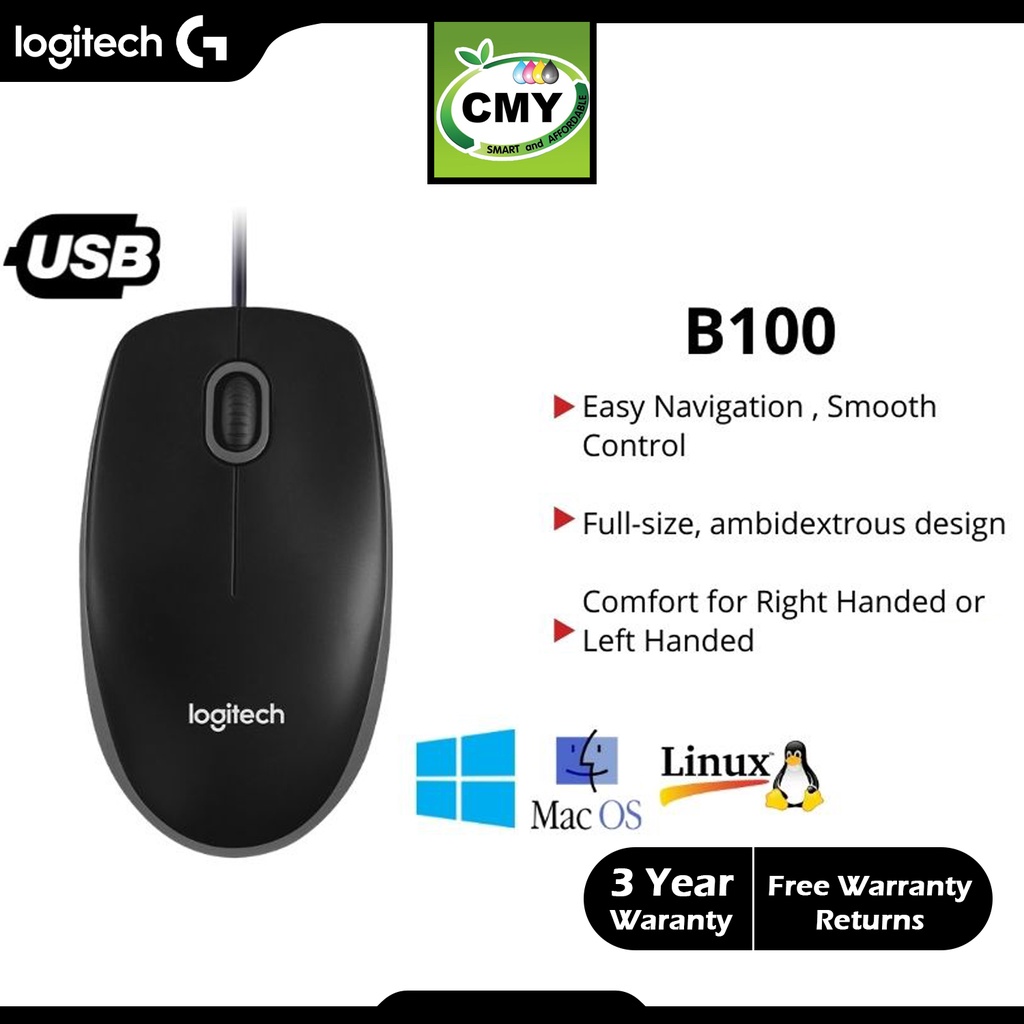 Logitech Optical USB Wired Mouse B100 800DPI Tetikus Komputer as B175 ...